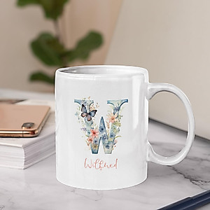 Personalized Colorful Flower Butterfly Initial Letter Ceramic Mug, Custom Name & Initial Letter W Monogrammed Alphabet Coffee Cups, Perfect Monogrammed Mugs Presents, Name Tea Cups
