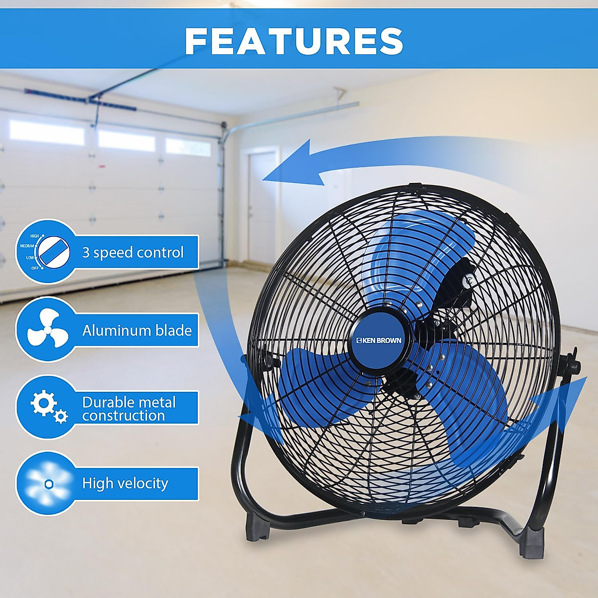 KEN BROWN 14 Inch High Velocity Floor Fan 3-Speed 360° Adjustable Tilting Powerful Airflow for Home,Residential Use, Blue