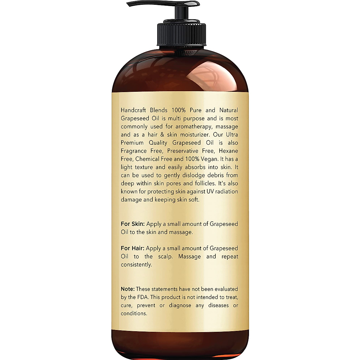 Handcraft Blends Grapeseed Oil - Cold-Pressed 16 Fl Oz - 100% Pure and Natural - Premium Grade Carrier Oil for Skin and Hair - Hair and Body - Massage - Hexane-Free