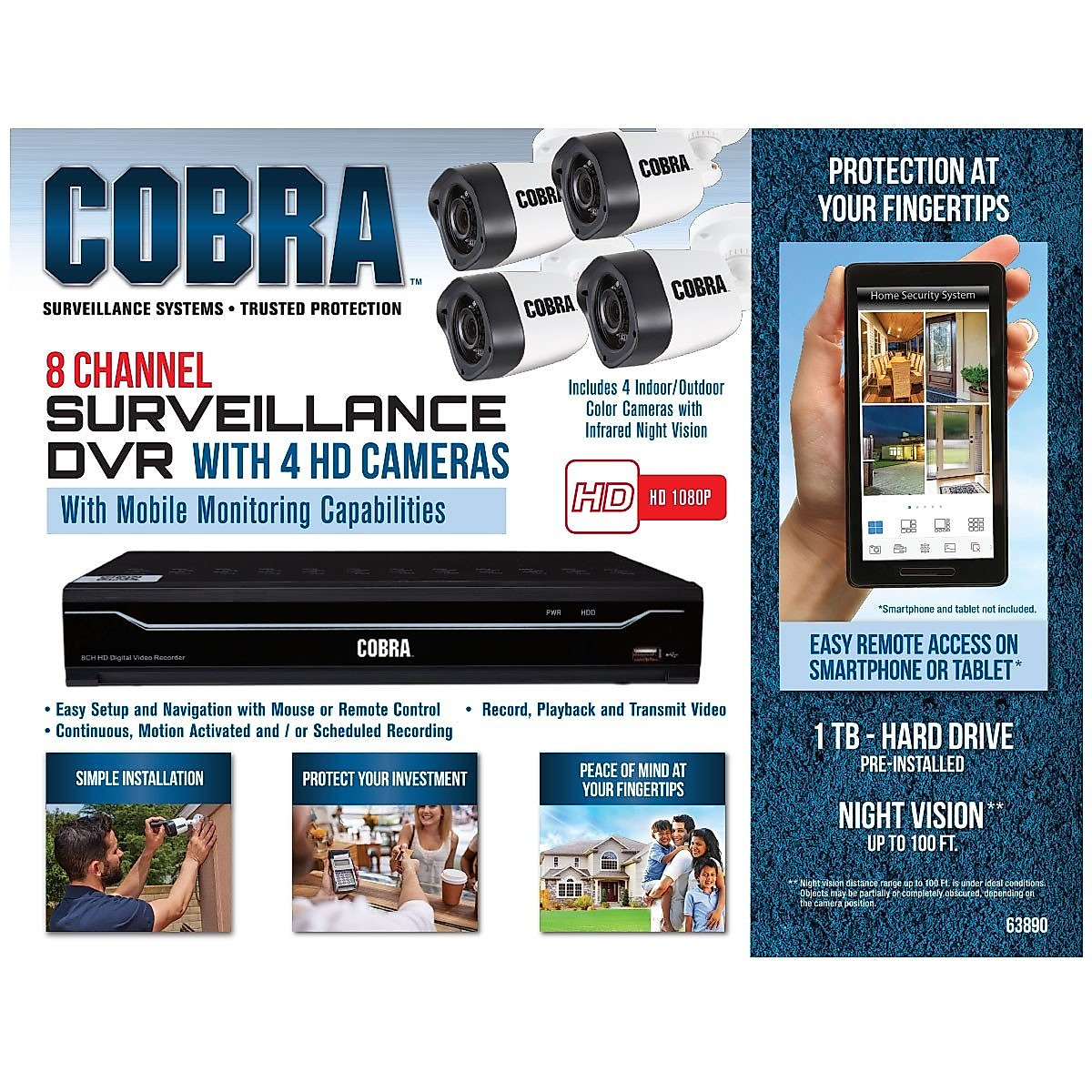Cobra 8 Channel Surveillance DVR with 4 HD Cameras and Mobile Monitoring Capabilities
