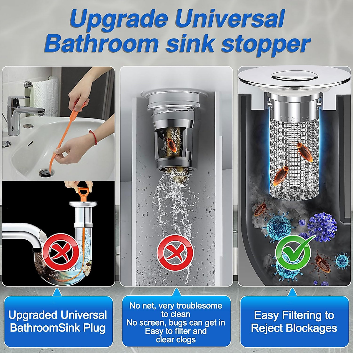 (2PCS) Bathroom Sink Drain Strainer, Pop-up Sink Drain Strainer with Removable Stainless Steel Strainer Basket Hair Catcher, Bathroom Sink Strainer for Bathroom Sink Stopper Replacement