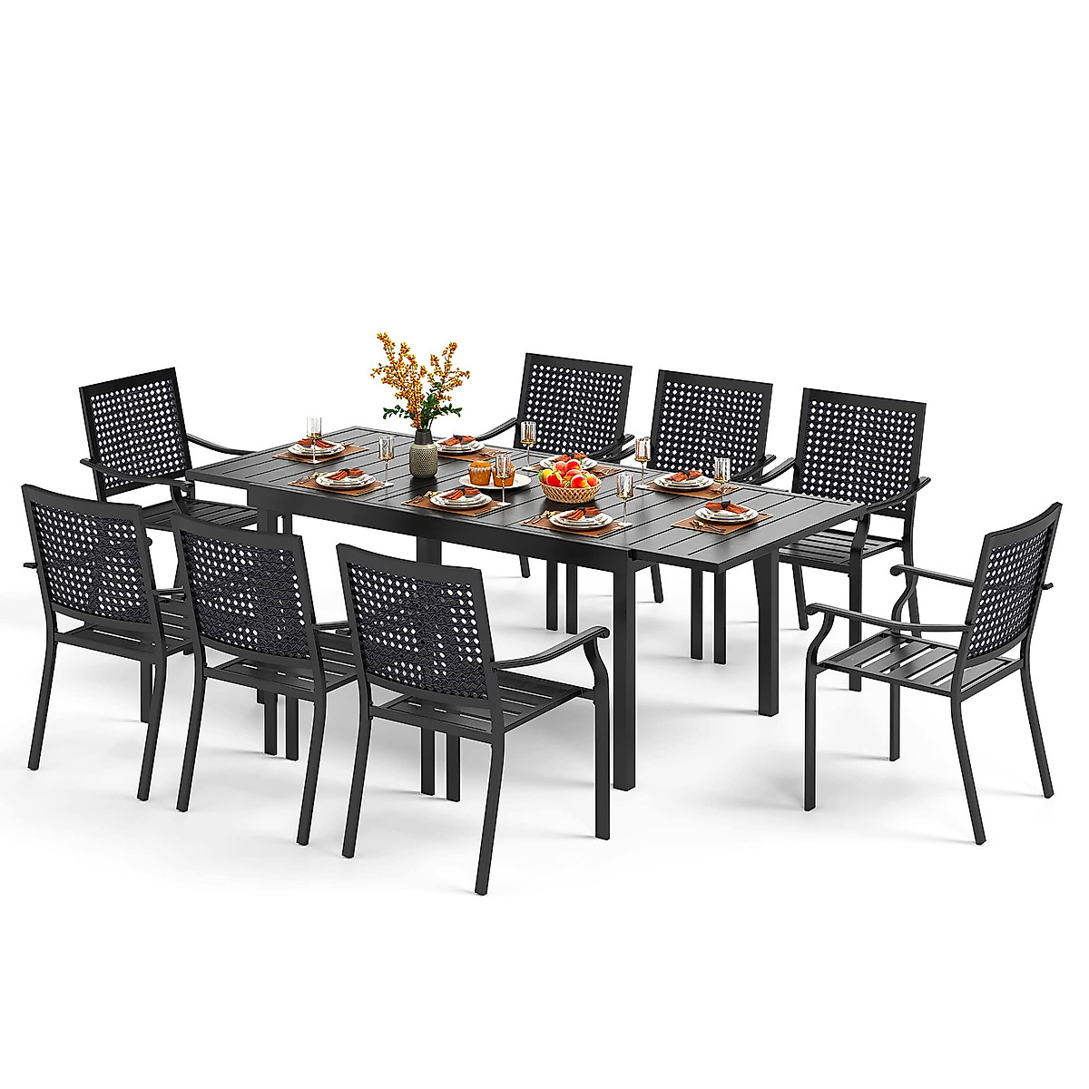PHI VILLA Outdoor Patio Dining Table and Chairs Set of 9 Pieces Patio Furniture Set Metal Expandable Dining Table 8 Wrought Iron Stackable Chairs for Bistro Backyard