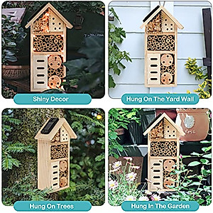 antiai Wooden Multi Insect Bee Butterfly House with Light,Solar Lighting Insect House Hotel,an Outdoor Hanging Bamboo Habitat for Mason Bee Butterfly Ladybugs Live,Bee Box,Butterfly Habitat for Garden