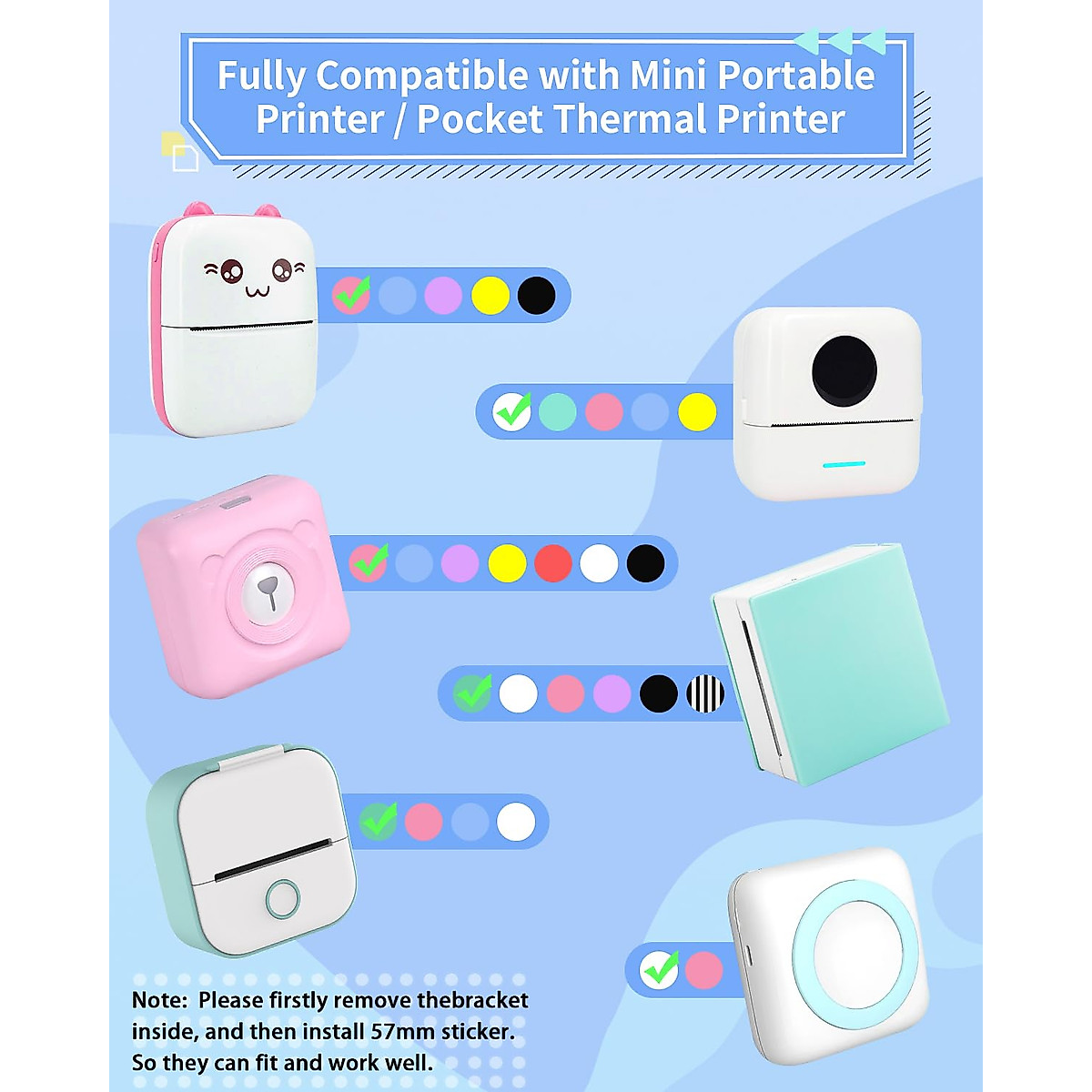 Fimax 9 Rolls Sticker Thermal Paper for Mini Printer, 57mm Thermal Paper HD Photo Paper White Self-Adhesive for Mini Portable Printer and PeriPage A6 Pocket Thermal Printer, 57 x 30