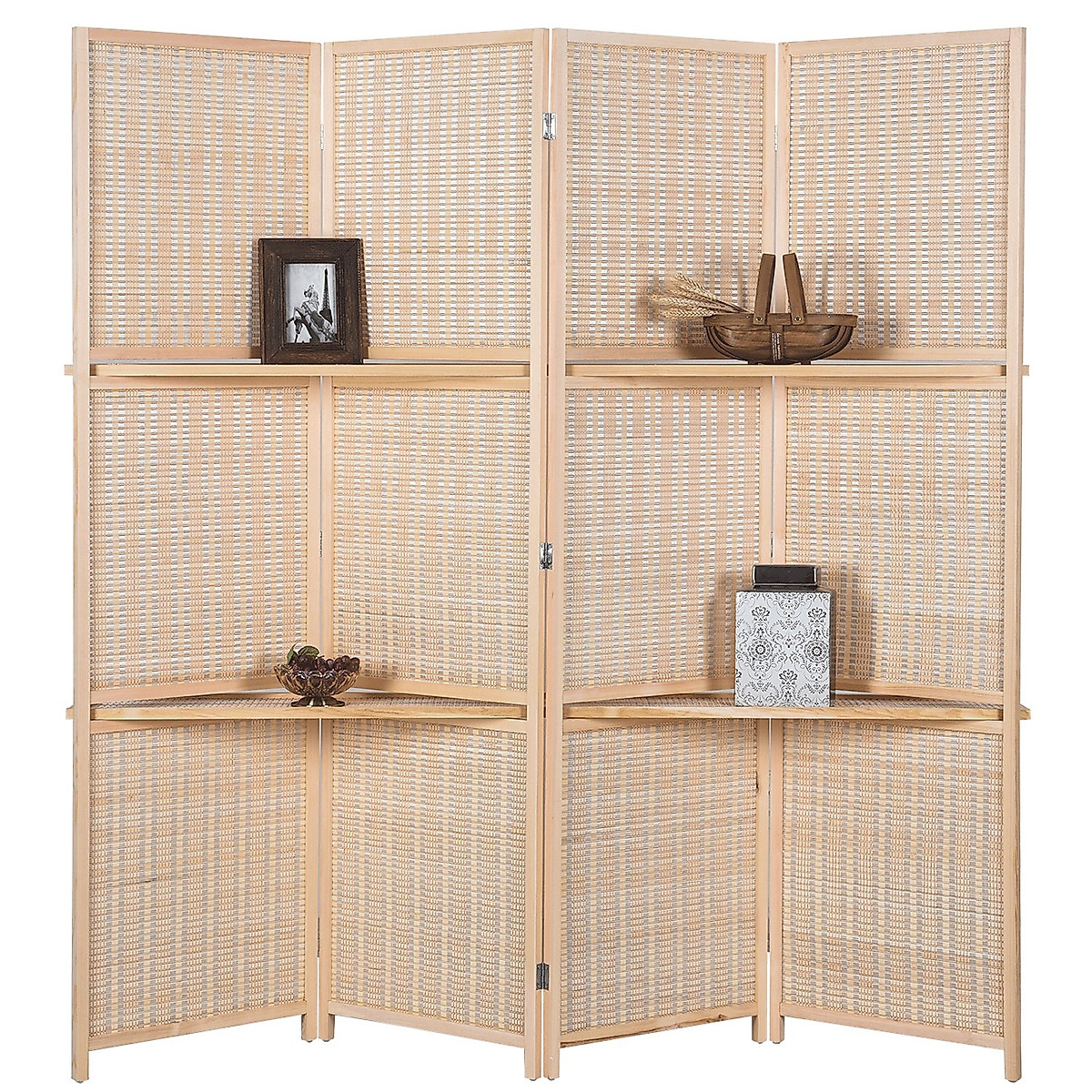 RHF 6 ft Tall (Extra Wide) Beige Woven Bamboo Room Divider&Room dividers and Folding Privacy Screens,Partition Wall, with 2 Display Shelves&Room Divider with Shelves-Bamboo -4 Panels 2 Shelves