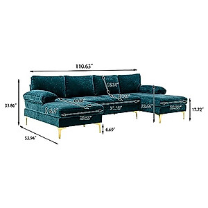 U Shape Sectional Sofa Couch, Modern 110'' Convertible Sectional Sofa, Upholstered Chenille Fabric 4-Seat Couch Sofa Bed with Golden Metal Legs for Living Room, Apartment, Office, Teal Blue