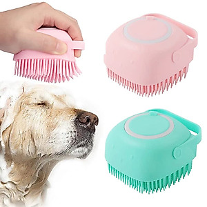 Bath Brush Scrubber Soft Silicone Pet Shower Grooming Shampoo Massage Dispenser For Short Long Haired Dogs And Cats (Blue+Pink)