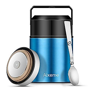 Soup Thermos Food Jar Insulated Lunch Container Bento Box for Cold Hot Food 27oz Food Flask Wide Mouth Stainless Steel Vacuum Lunch Box for Kids Adult with Spoon Flexible Handle Leak Proof – Blue