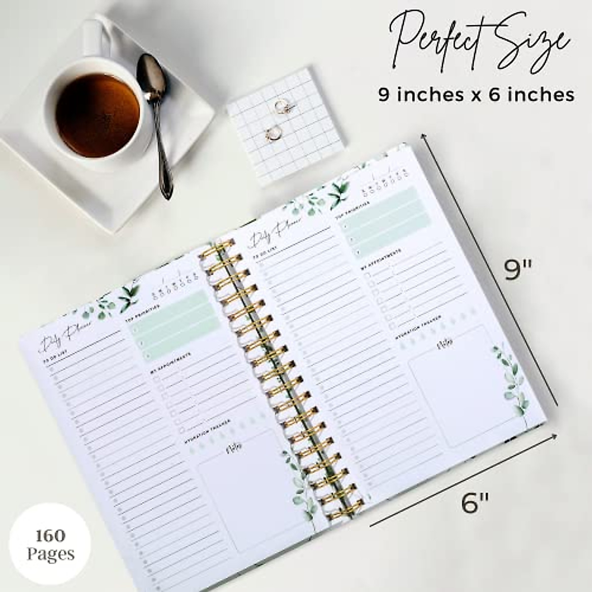 Daily Planner with Spiral Binding,6x9 Inches Undated Planner (To Do List),Greenery Design Daily To Do Planner, Habit Trackers, Time Management and Productivity Organizer