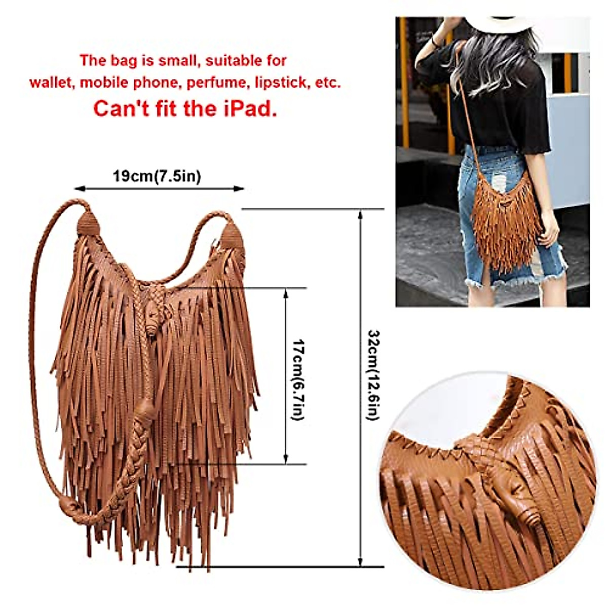 Vintage & Stylish Women Tassel Shoulder Bag PU Leather Bohemian Fringed Crossbody Shoulder Hobo Fringe bag (Black)