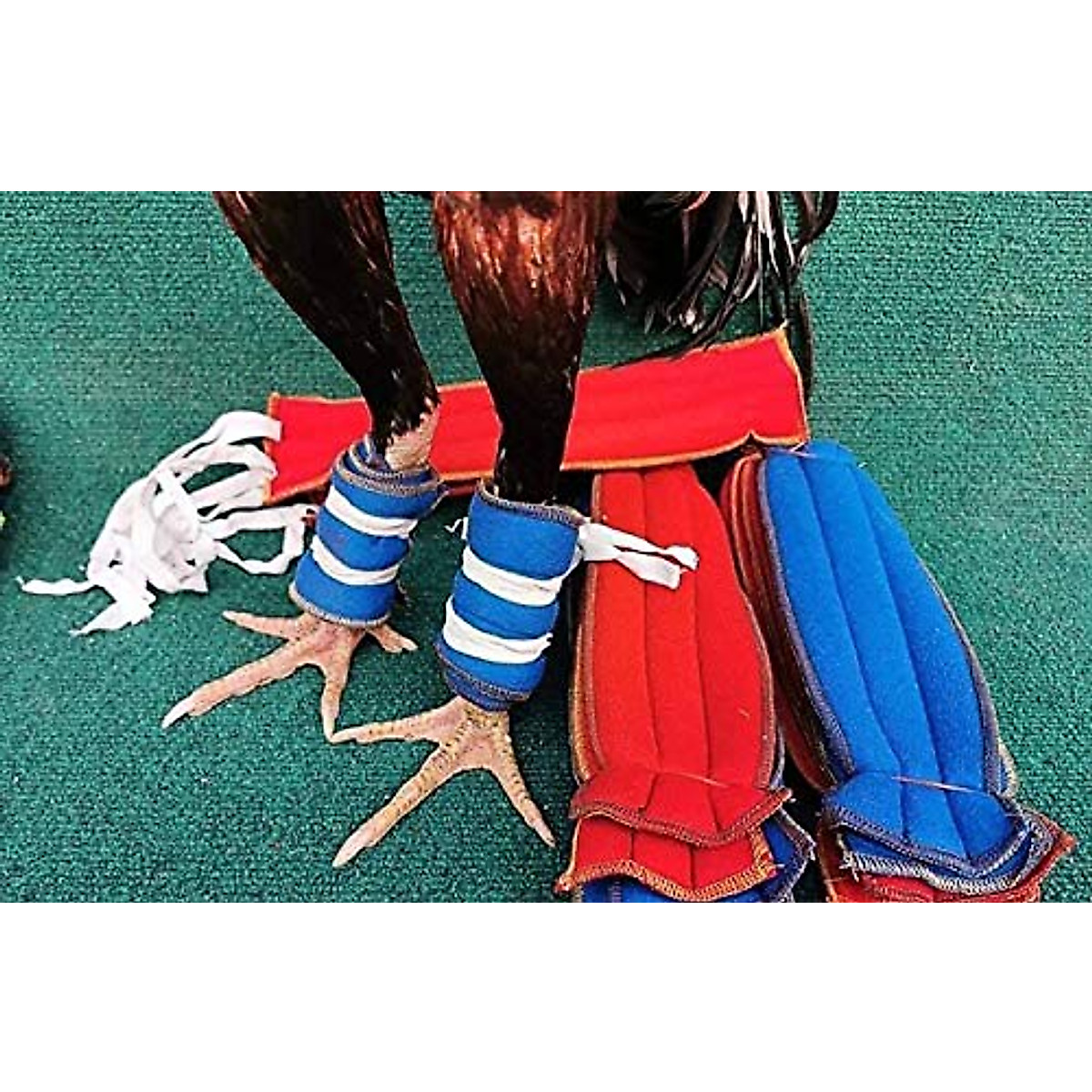 A.D.P. Rooster Booster Protection Fighting Rooster Gamefowl Protective Chicken Supplies Poultry Chickens Mitt Safety, Botas para GALLOS BREEDING, 2 Pairs Blue & Red Fabric Handmade Leg Protect Care