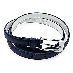 Belle Donne Women Skinny PU Leather Dress Belts Womens Belt with Silver Polished Buckle Women's Belts, Navy Blue Belts for Women Medium