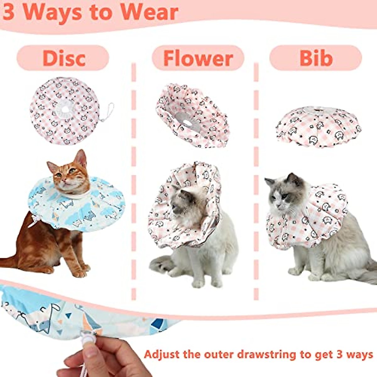 Crazy Felix Cat Cone, Soft Cat Cone Collar to Stop Licking and Scratching, Adjustable Recovery Cone for Cats After Surgery with Drawstring Design, Easy to Eat and Drink