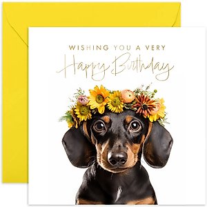 Old English Co. Daschund Dog Very Happy Birthday Card for Her - Cute Daschund Floral Birthday Card for Women - Cute Birthday Cards for Sister, Mum, Daughter, Friend | Blank Inside with Envelope…