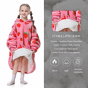 Aemicion Strawberry Blanket Hoodie Gifts for Kids,Oversize Sherpa Wearable Blanket,Cozy Sweatshirt Blanket for Girls