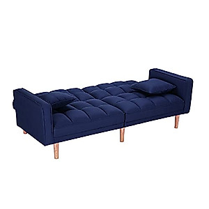 Modern Futon Sofa Bed, 75" Convertible Sleeper Sofa with Armrests and Guests w/ 2 Pillows, Recliner Couch with 5 Solid Wooden Legs, Twin Size Sofa for Living Room (Navy Blue+Fabric)