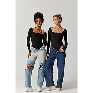 QINSEN Womens Sexy Square Neck Double Lined Seamless Fitted Long Sleeve Bodysuit Tops Black L