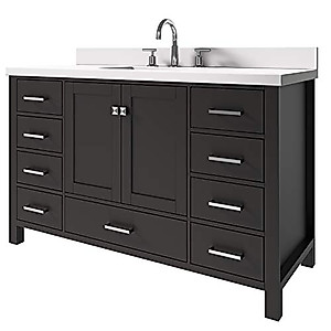 ARIEL Bathroom Vanity 55" Inch in Espresso with Pure White Quartz Countertop, Rectangular Sink, 2 Soft Closing Doors and 9 Full Extension Dovetail Drawers, No Mirror