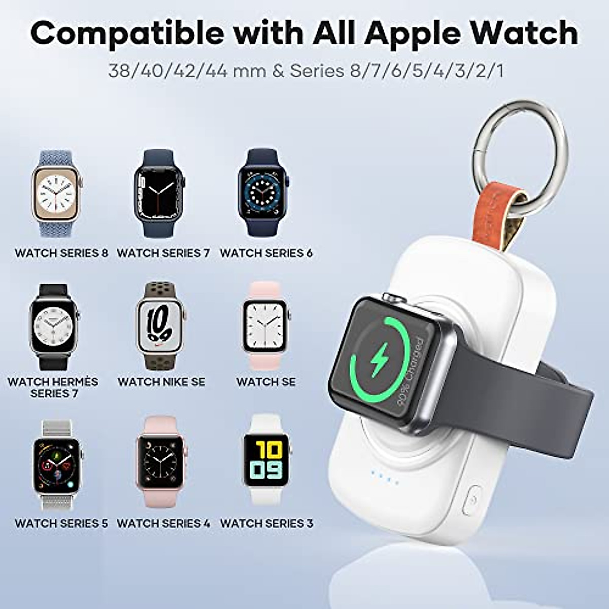 CKFN Portable Wireless Charger for Apple Watch, 1800mAh Power Bank Smart Keychain Gift with 4 LED Indicators, Magnetic iWatch Charger for Apple Watch Series 8,7,6,5,4,3,2,SE/Nike+/Hermes (White)