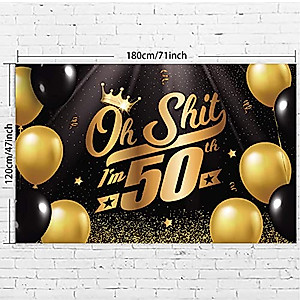 Oh S*hit I’m 50th Banner Backdrop Black Gold Balloons Crown Confetti Hallo Fifteen Cheers to 50 Years Old Theme Decorations Decor for Man Woman Happy 50th Birthday Party Anniversary Supplies