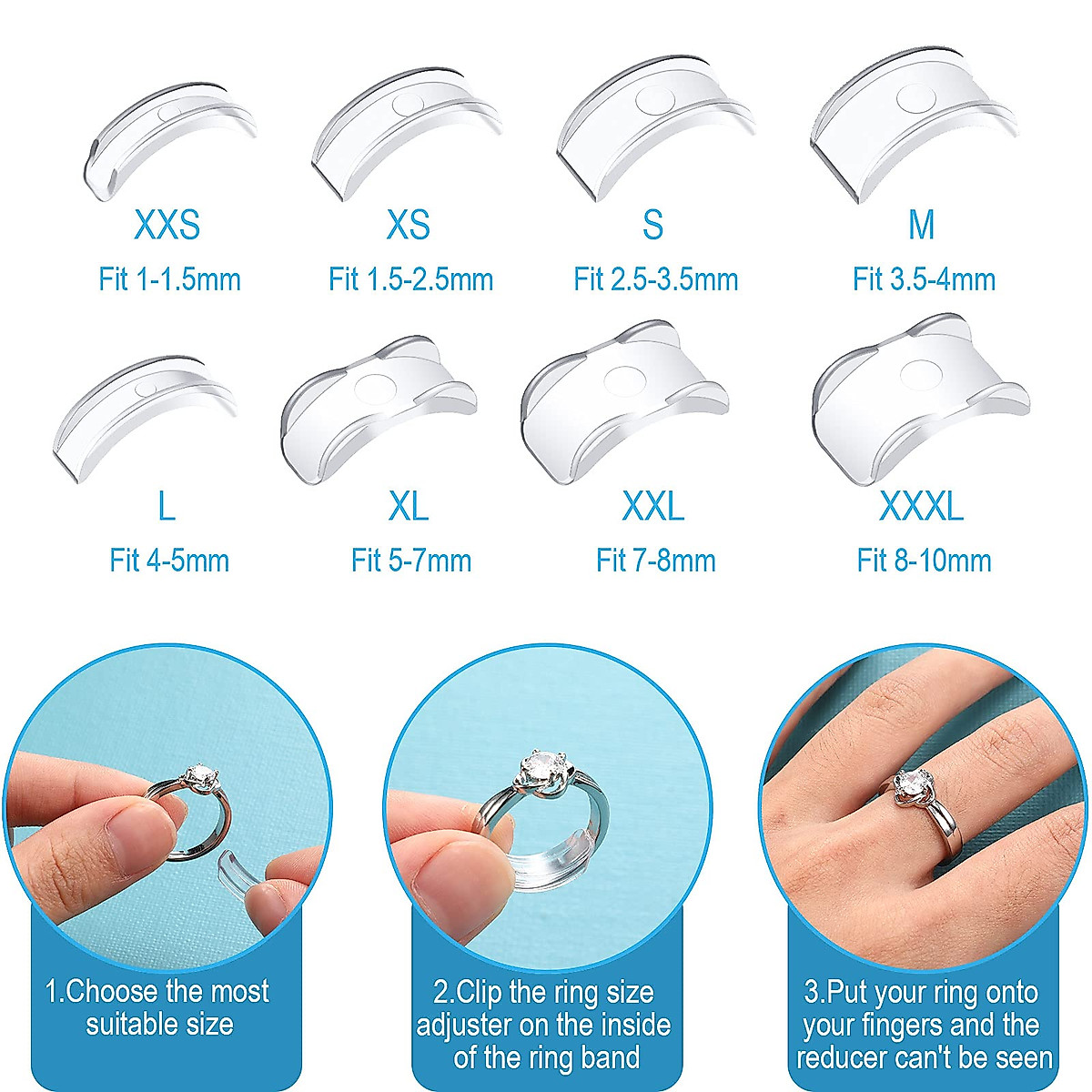 Ring Size Adjusters Set for Loosing Rings in 2 Styles, 12 Sizes, Ring Size Reducer Spacer Ring Guard Ring Resizer Tightener with Ring Sizer Measuring Belt, Jewelry Cloth and Organizer (16 Pieces)