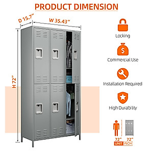 METAN Metal Locker for School Office Gym Bedroom,6 Doors Steel Storage Locker Cabinet for Employees,Industrial Storage Locker with 1 Shelves,Assembly Required (6 Door-Light Gray)…