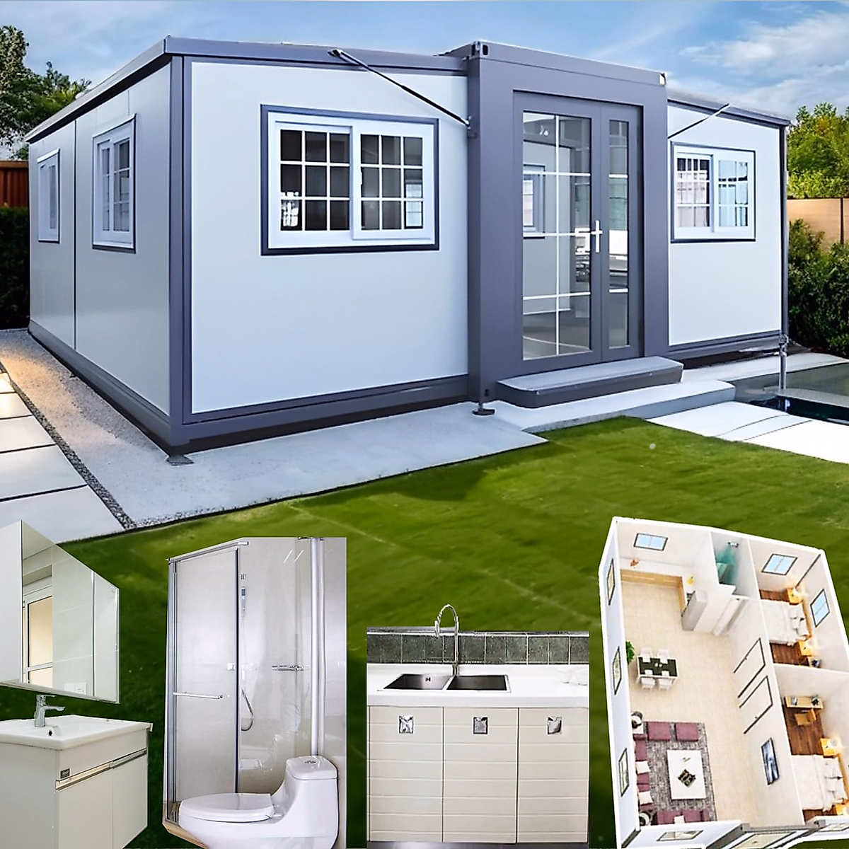 20FT 1 ROOM Tiny Homes to Live in for Adults prefab unfoldable House casas prefabricadas para Vivir Small Foldable Container House kit Mobile Modular Guest House for Sale,Bathroom Toilet Kitchen