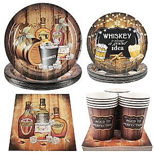 Cieovo Whiskey Party Supplies Set for 16 Guests Including Dinner Plates, Dessert Plates, Lunch Napkins, Cups for Whiskey and Beer Theme Birthday Family Party Decorations