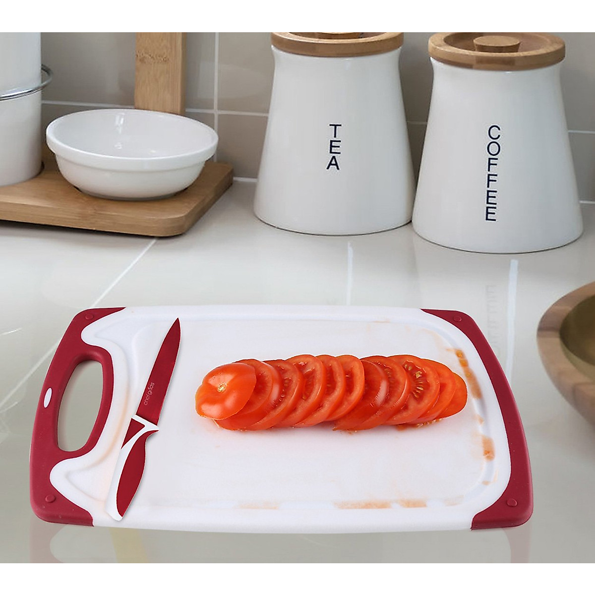 CHEF GRIDS Durable Plastic Cutting Board Set, Chopping Board Thick Plastic, for Vegetable Meat or Cheese with Non-Slip Feet and Handles with Juice Groove (Red, Blue, Grey)