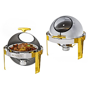 ROVSUN 2 Packs Roll Top Chafing Dish Buffet Set Gold Accent,NSF 6 Quart Round Stainless Steel Chafer, Buffet Servers and Warmers Set with Glass Window for Wedding, Parties, Banquet, Events