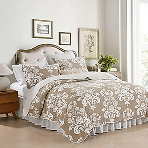 BCOTTOND Queen Size Quilt - 100% Cotton Queen Quilt Set Farmhouse Floral Bedspread Queen Size Lightweight Reversible Quilt Bedding Set for All Season Tan Khaki White 3-Piece