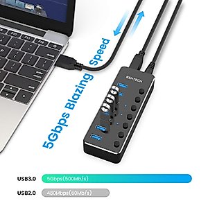 RSHTECH 7 Port Powered USB 3.0 Hub with AC Adapter + 7 in 1 USB C Hub with 8K HDMI Port, 3 10Gbps USB 3.2 Data Ports, 100W PD and SD/TF Card Reader