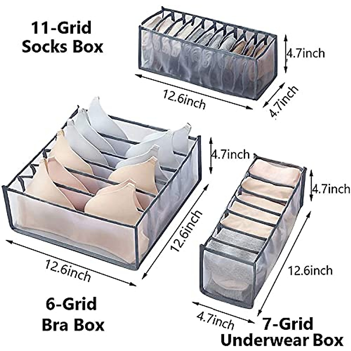 Upwsma Underwear Drawer Organizer Set, Foldable Underwear Storage Divider Boxes Includes 6/7/11 Cell Collapsible Closet Compartments for Socks, Bras, Underwear, Ties, Lingerie, Scarves (Black, 3 Set)
