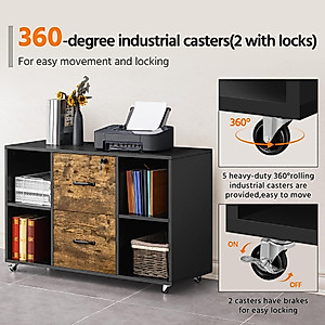 Yaheetech Mobile File Cabinet with 2 Drawer and 4 Open Compartments, Storage Lateral Filing Cabinet for Letter Size A4 Size, Printer Stand for Home Office, Black& Rustic Brown