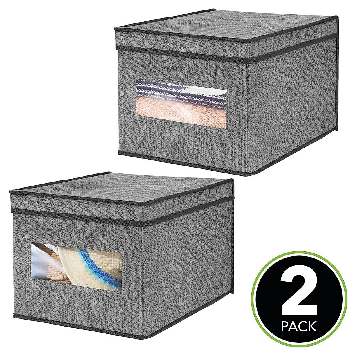mDesign Large Fabric Stackable Closet Organizer Box with Clear Window/Lid for Bedroom, Office, Bathroom, Mudroom Organization - Shoe, Sweater, Clothes Storage, Lido Collection, 2 Pack, Dark Gray/Black