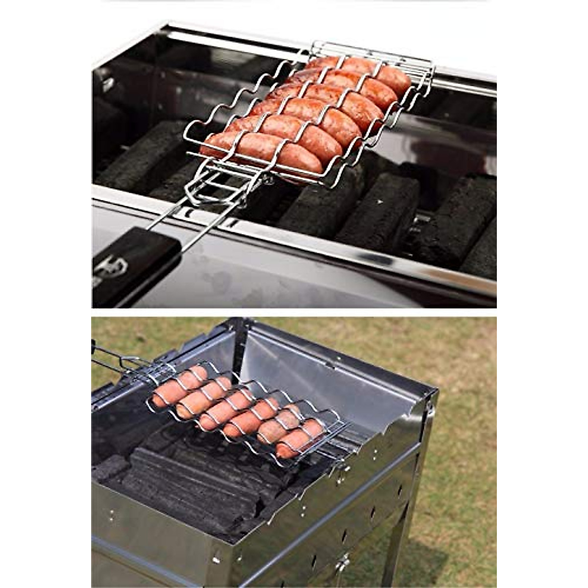 BBQ Sausage Grilling Basket Picnic Grill Rack for 6 Hot Dog Metal Mesh Baskets Portable Barbecue Tool BBQ Accessories