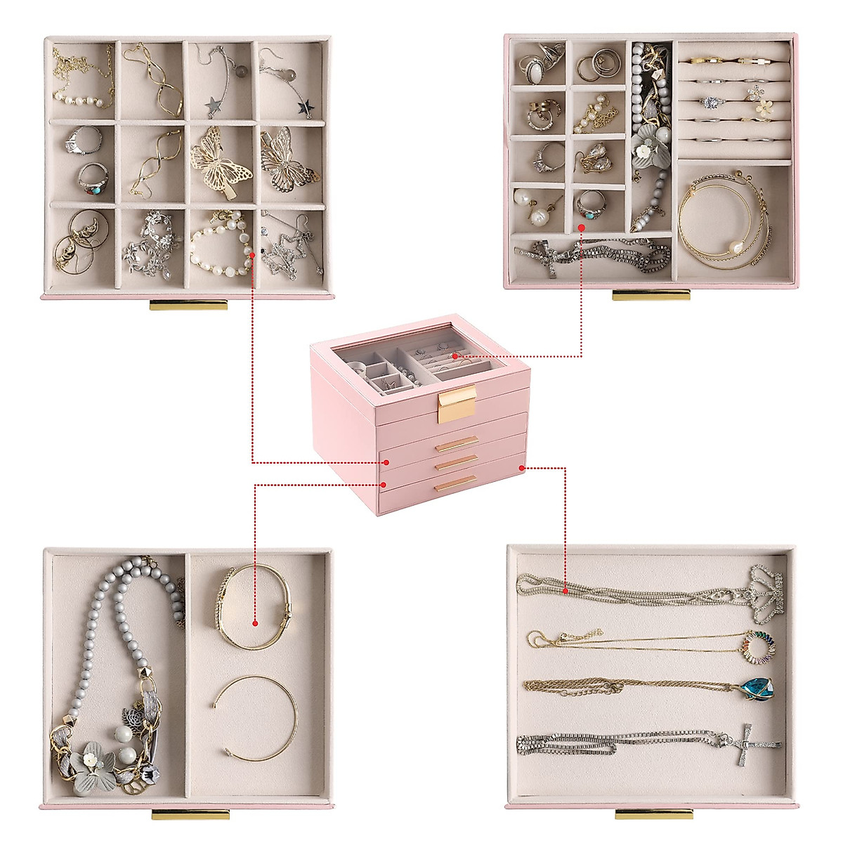 Frebeauty Clear Lid Jewelry Box,4 Layers Jewelry Organizer Large Multi-Functional Jewelry Storage Box with 3 Drawers,Jewelry Display Case of Rings Earrings Necklace Bracelets for Women Girls(Pink)