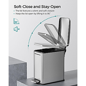 SONGMICS Bathroom Trash Can and Toilet Brush Set, 1.3 Gallon Small Trash Bin with Lid, Slim for Small Spaces, Stainless Steel Garbage Can, Soft Close, Silver ULTB560E0501