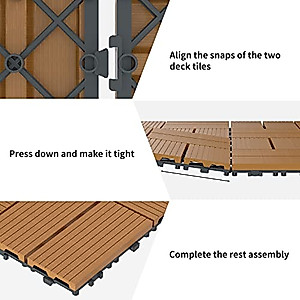 TONAHUTU 6PCS Interbuild Hardwood Interlocking Patio Deck Tiles, 12"x12" Wood Plastic Composite Tiles Outdoor Flooring for Patio Garden Deck Poolside Click Floor Decking Tile - Teak