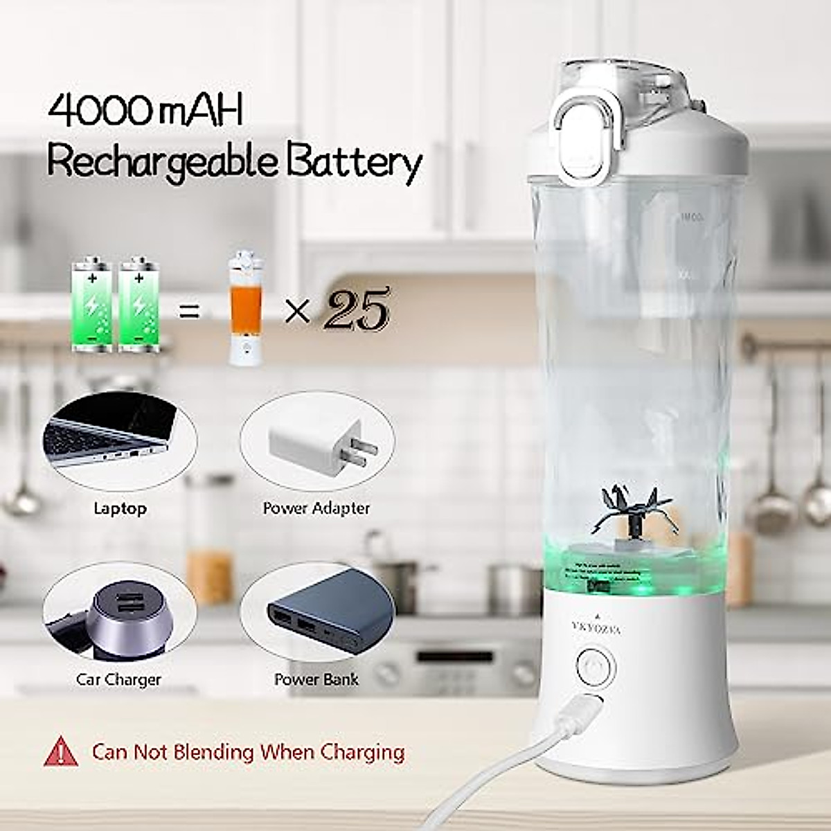 Portable Blender, VKYOZVA Personal Blender for Shakes and Smoothies, 240W Blender with 6 Stainless-Steel Blades,USB Rechargeable Blender Cup Travel Lid with 2 Straws And Brush for Home, Outdoor