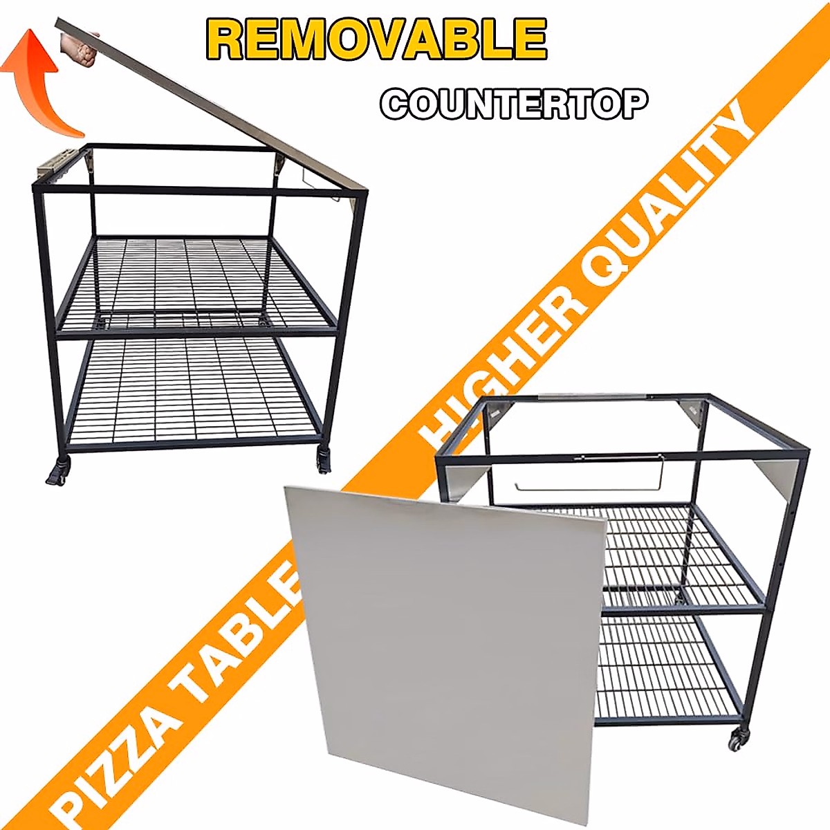 JIN BETTER GRILL PARTS Three-Tier Stainless Steel Pizza Oven Cart, Movable Work Table for Ooni, Blackstone, Cuisinart (31.5" D x 31.5" W x 35.4" H)