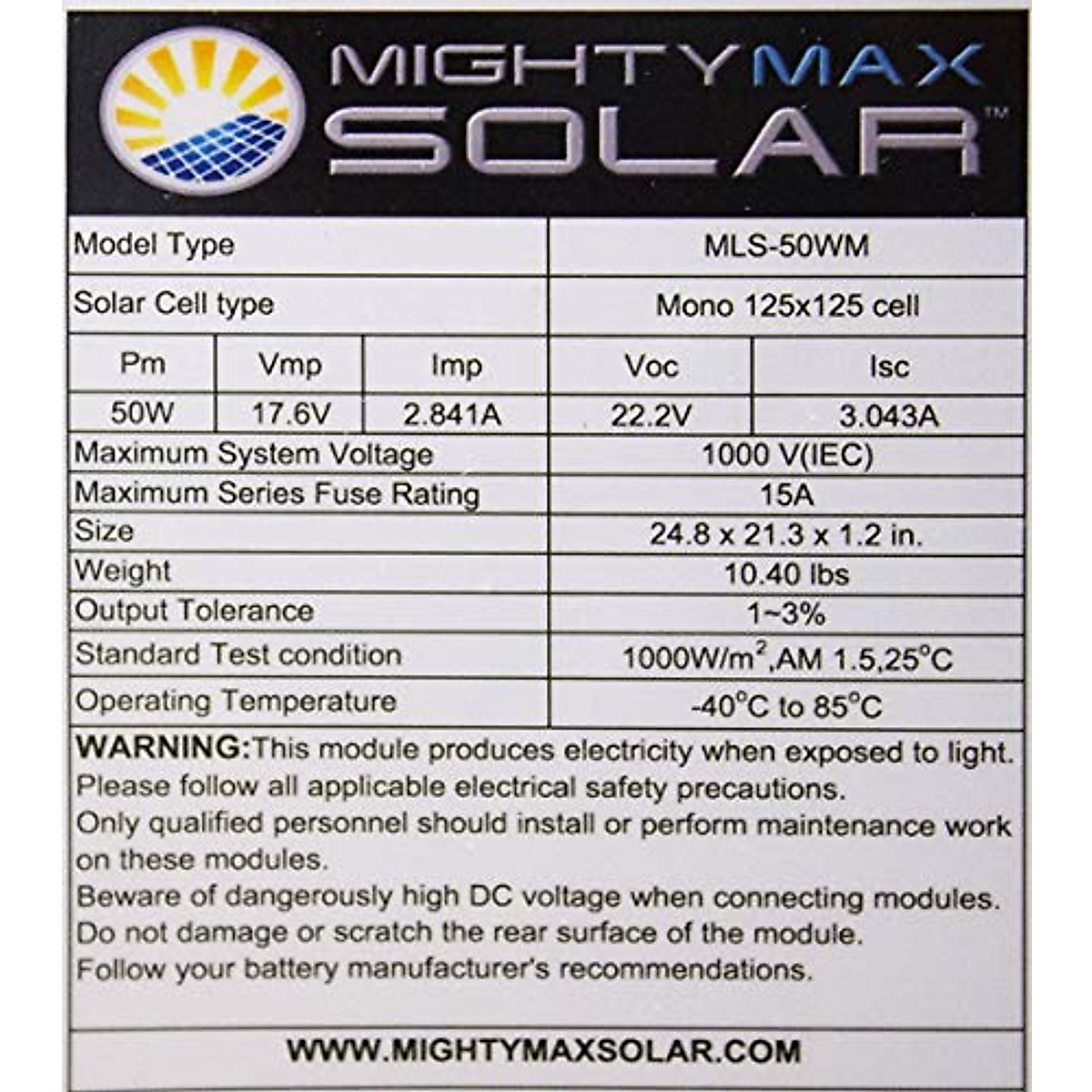 Mighty Max Battery 50 Watt Monocrystalline Solar Panel