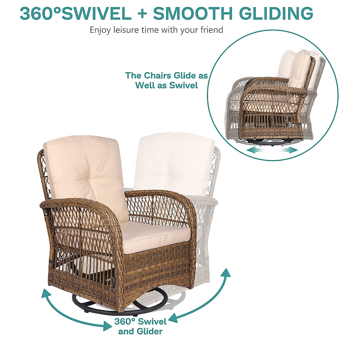MEETWARM 5 Pieces Outdoor Patio Rattan Furniture Sets, All Weather Patio Wicker Conversation Set - 2 Rocking Swivel Chairs 1 Rattan Loveseat Glider with Cushions, 2 Glass-Top Coffee Table, Beige