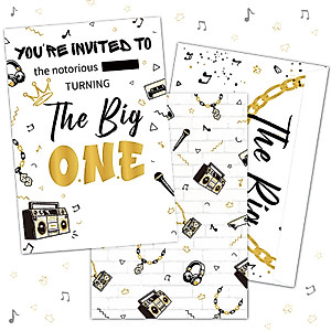 Fangleland The Notorious One Birthday Decorations, 25 Set of Black and Gold The Big One Theme Invitations with Envelopes, Hip Hop Theme 1st Birthday Invite Cards for One Year Old Party Supplies