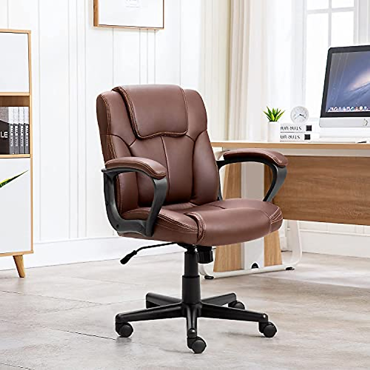 Shahoo Executive Office Chair Swivel Task Seat with Ergonomic Mid-Back, Waist Support, PU Leather, Brown