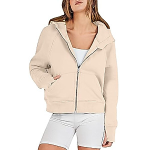 ANRABESS Women's Cropped Hoodies 2023 Fall Plain Jacket Cute Teen Girl Athletic Tops Ribbed Knit Casual Long Sleeve Fleece Sweatshirts Zip Up Hippie Clothes Thumb Hole A1015shenkaqi-S Apricot