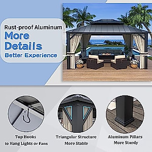 ALAULM 12' x 14' Hardtop Gazebo, Outdoor Patio Aluminum Gazebo with Aluminum Double Roof, Permanent Pavilion w/Curtains and Netting for Backyard, Patio, Deck, Garden-Cream