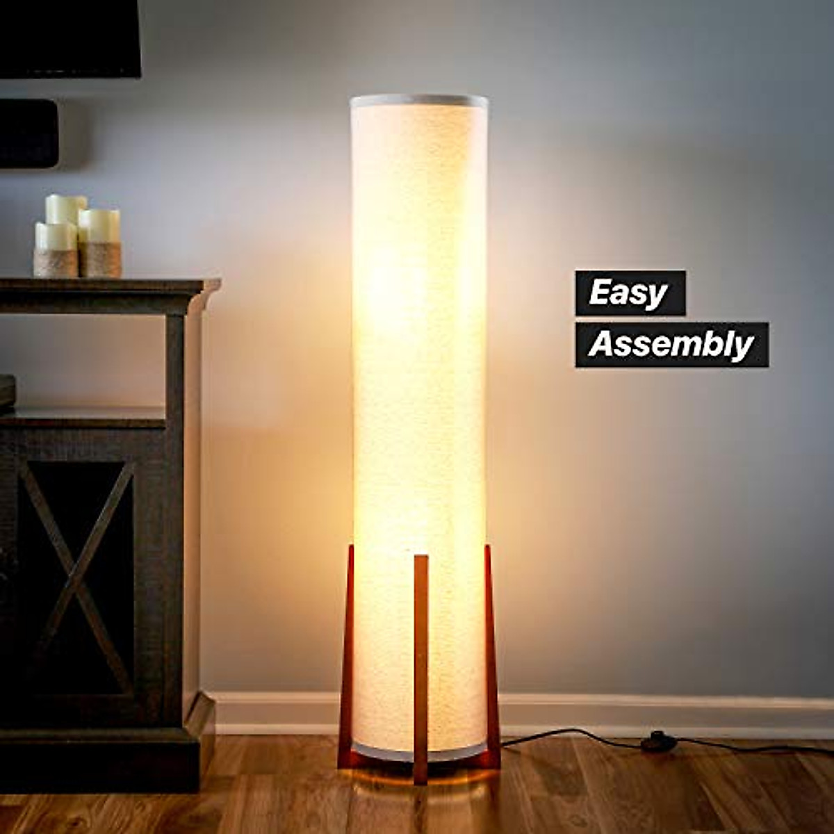 Brightech Parker LED Floor lamp, 48 Inches Tall Lamp with Wood Frame, Asian Design Lamp for Bedroom, Decorative Tower Shade Lamp for Living Rooms & Offices, Great Living Room Décor