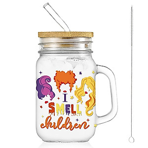 Whaline Halloween Mason Jar Mug with Handle 18oz Hocus Pocus Mason Jar Drinking Glasses Halloween Witch Ice Coffee Cups Glass Mugs Tumbler with Lid and Straw for Iced Coffee Tea Soda Cocktail Gifts