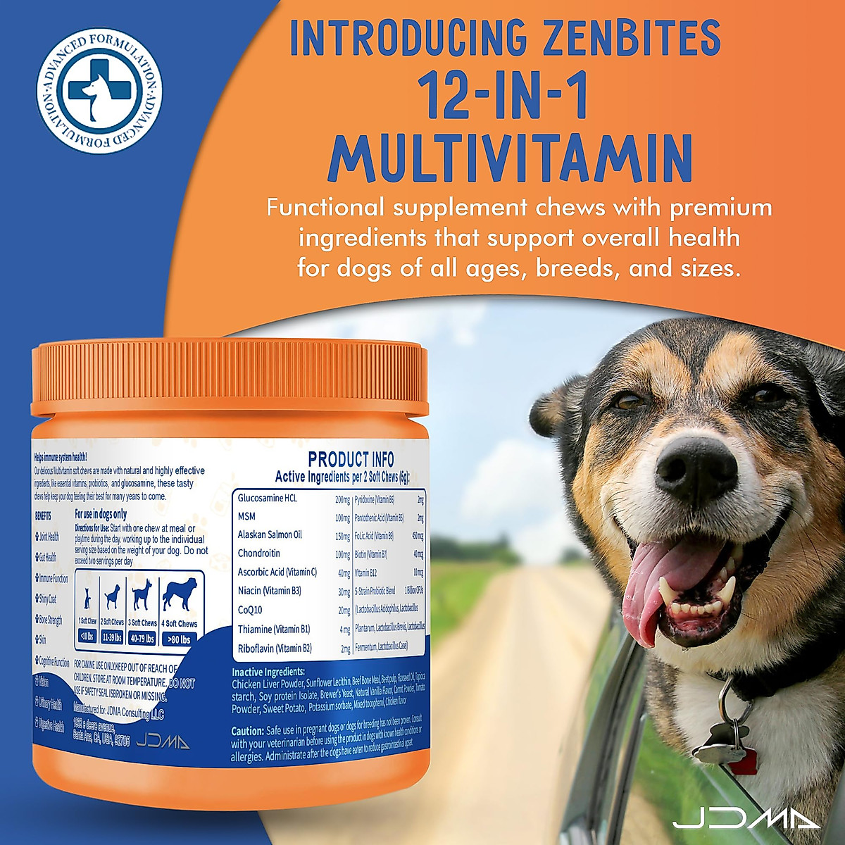 ZenBites 12-in-1 Dog Vitamins & Probiotics 120 Soft Chews - Organic Multivitamin with Glucosamine for Dogs - Joint Support Supplement for Dogs of All Ages,Sizes, & Breeds,Supports Skin,Heart,Immunity